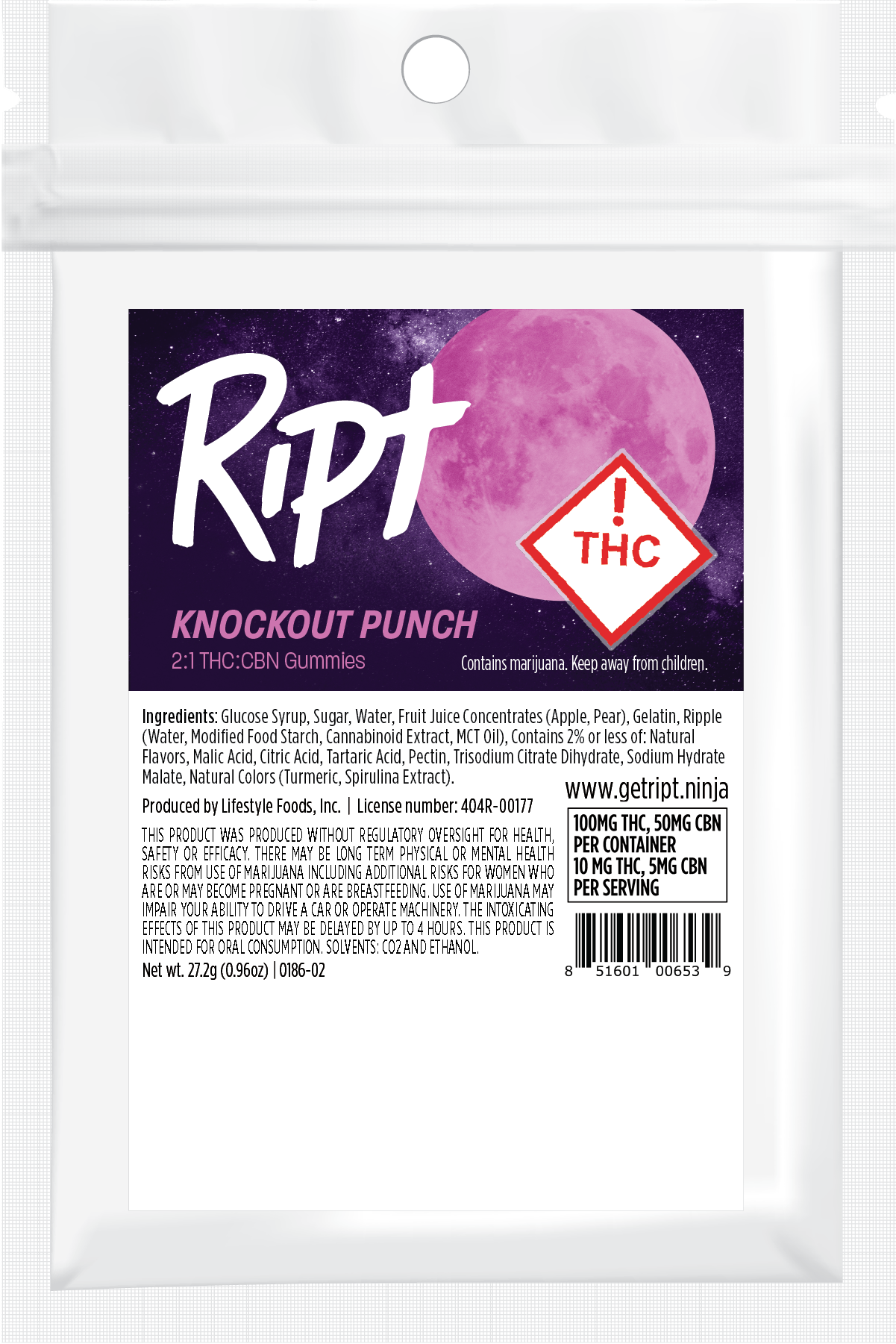 RIPT - RIPT - KNOCKOUT PUNCH - SLEEP THC:CBN:CBD - 2:1:1 - GUMMIES - 100MG